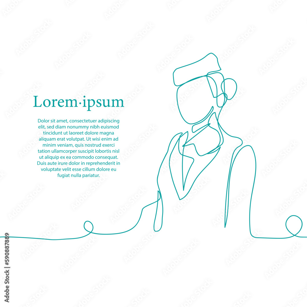 Stewardess, woman in uniform. One continuous line art drawing ...