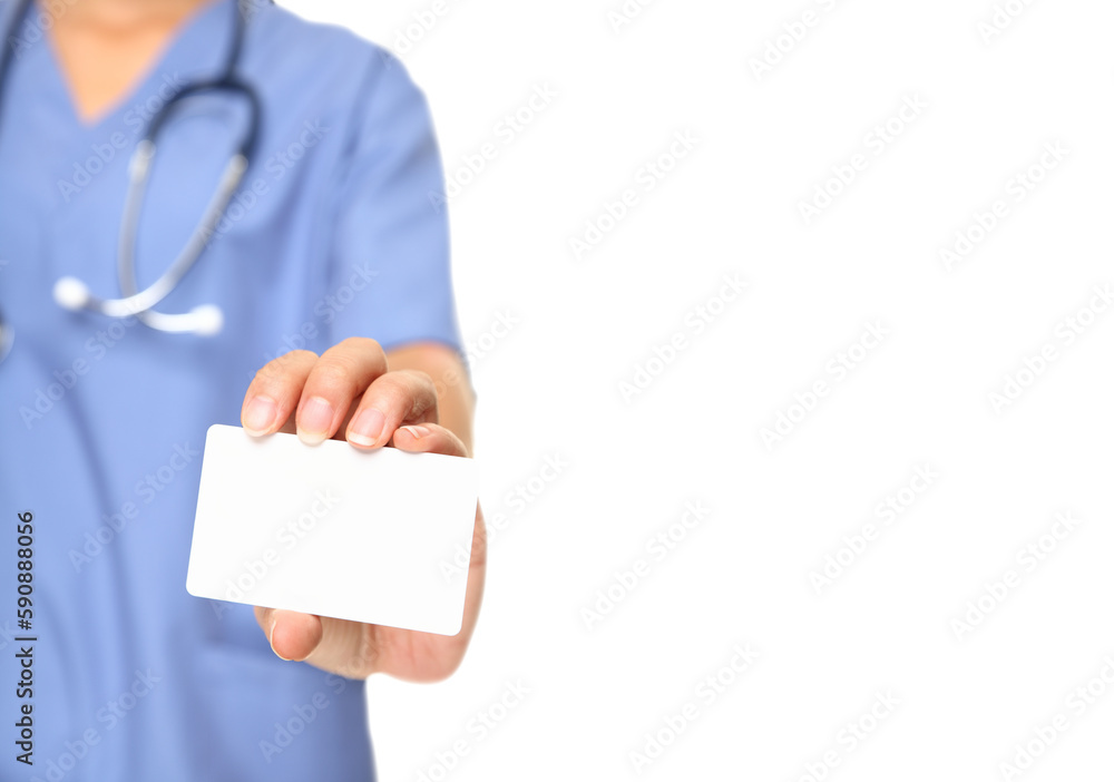 Nurse business card sign closeup. Female doctor or nurse holding and ...