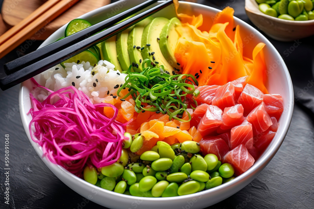 Top-down view of a perfect looking delicious vibrant poke bowl with ...