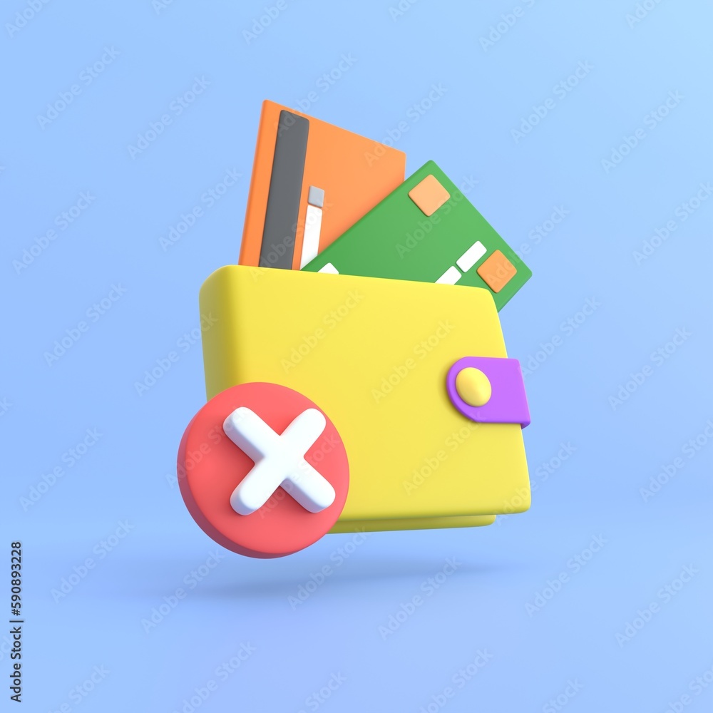 3d render. Wallet and credit card with red cross icon. for unapproved ...