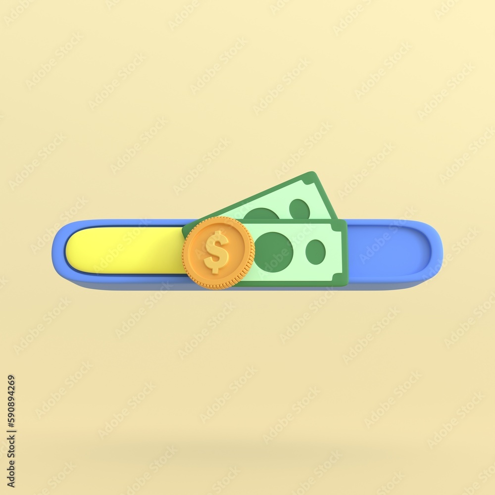 3d render Horizontal level indicator progress bar with banknote and ...