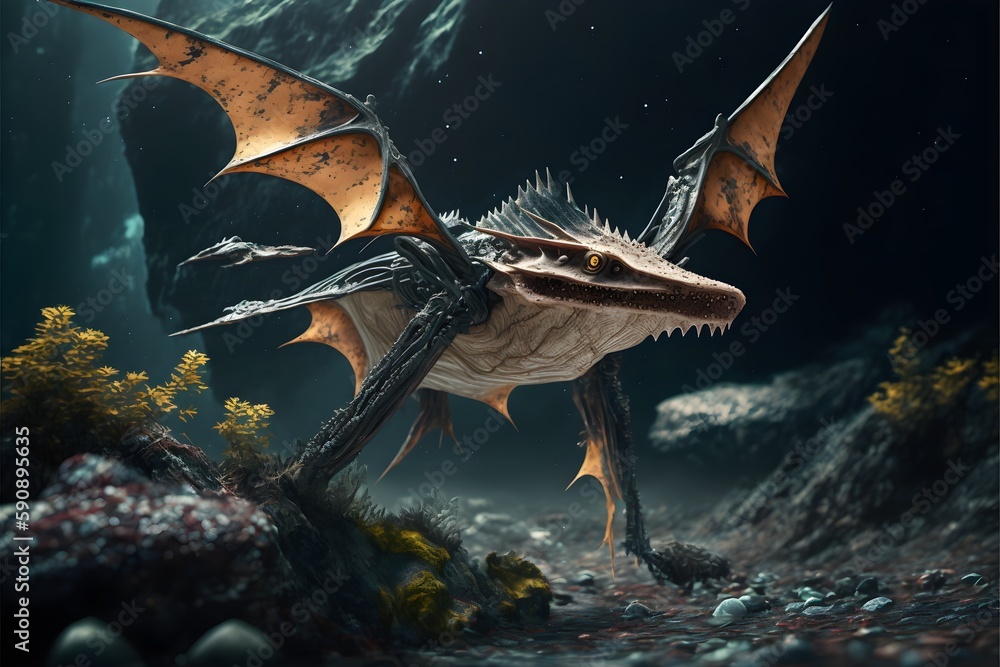 flying predatory pterosaur creature that lives on a jungle planet smooth shark skin huge wings ...