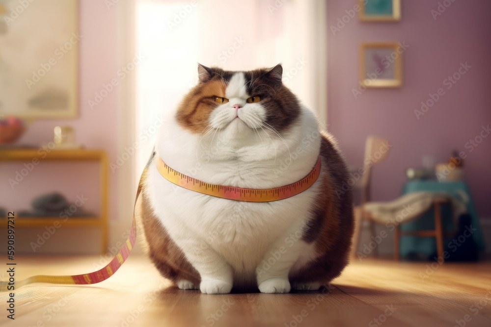 Fat cat with measurement tape. Generate Ai Stock Illustration | Adobe Stock