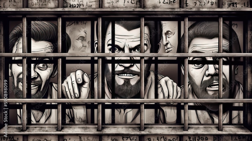 Cartoon characters in jail peering through a cell, curious and trapped ...