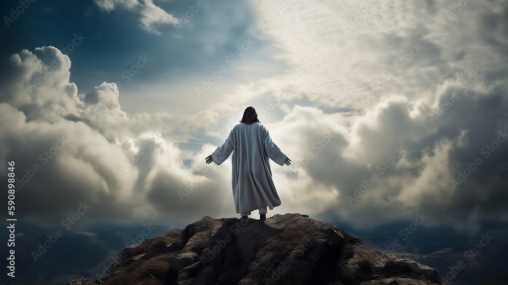 Resurrected Jesus Christ reaching out with open arms in the sky, heaven ...