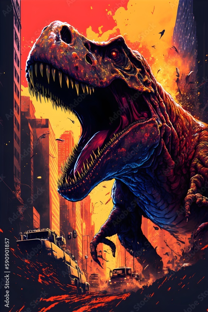 TRex destroying city dinosaur environment large teeth drool complex ...