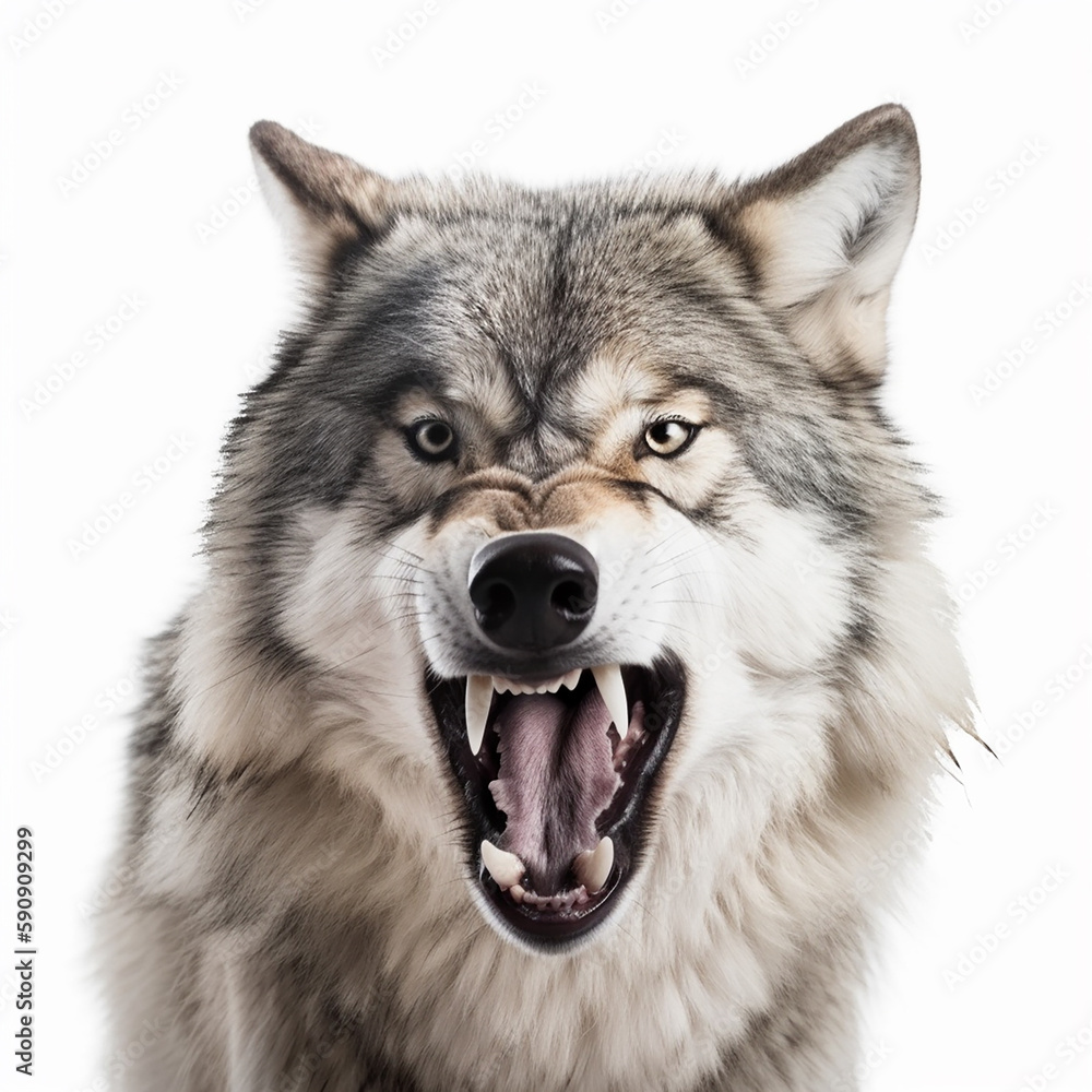 wild wolf growls, gets angry, bares big teeth, wolf head close-up ...
