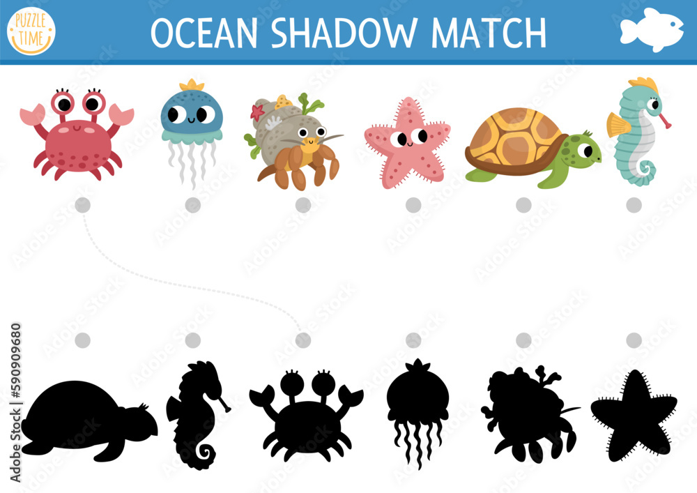Under the sea shadow matching activity. Ocean puzzle with cute hermit ... Under the sea shadow matching activity. Ocean puzzle with cute hermit ...