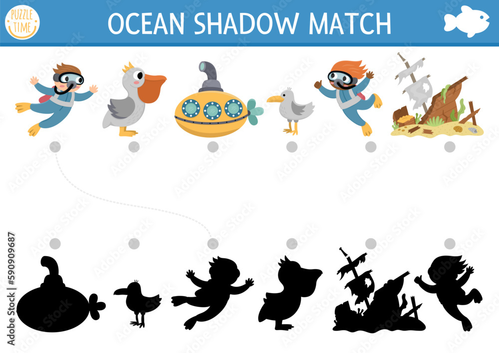 Under the sea shadow matching activity. Ocean puzzle with cute diver ... Under the sea shadow matching activity. Ocean puzzle with cute diver ...