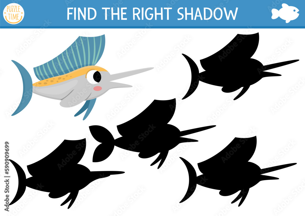 Under the sea shadow matching activity. Ocean puzzle with cute sailfish ...