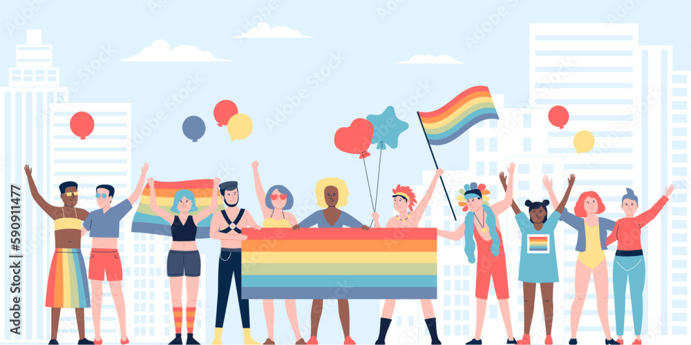 Pride parade, transgender gay people with rainbow flags. Diversity ...