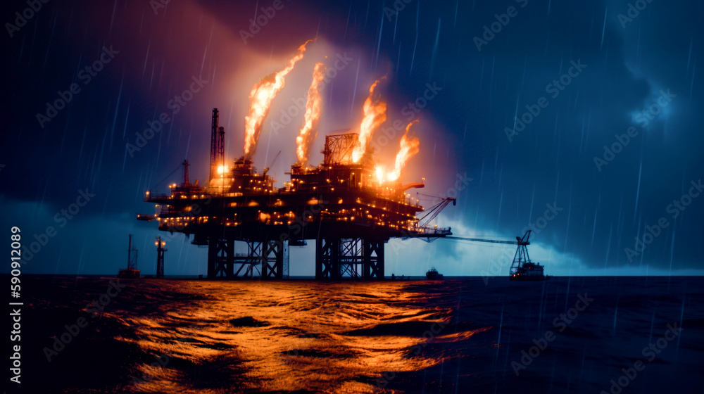 Oil rig in the middle of the ocean with flames coming out of it ...