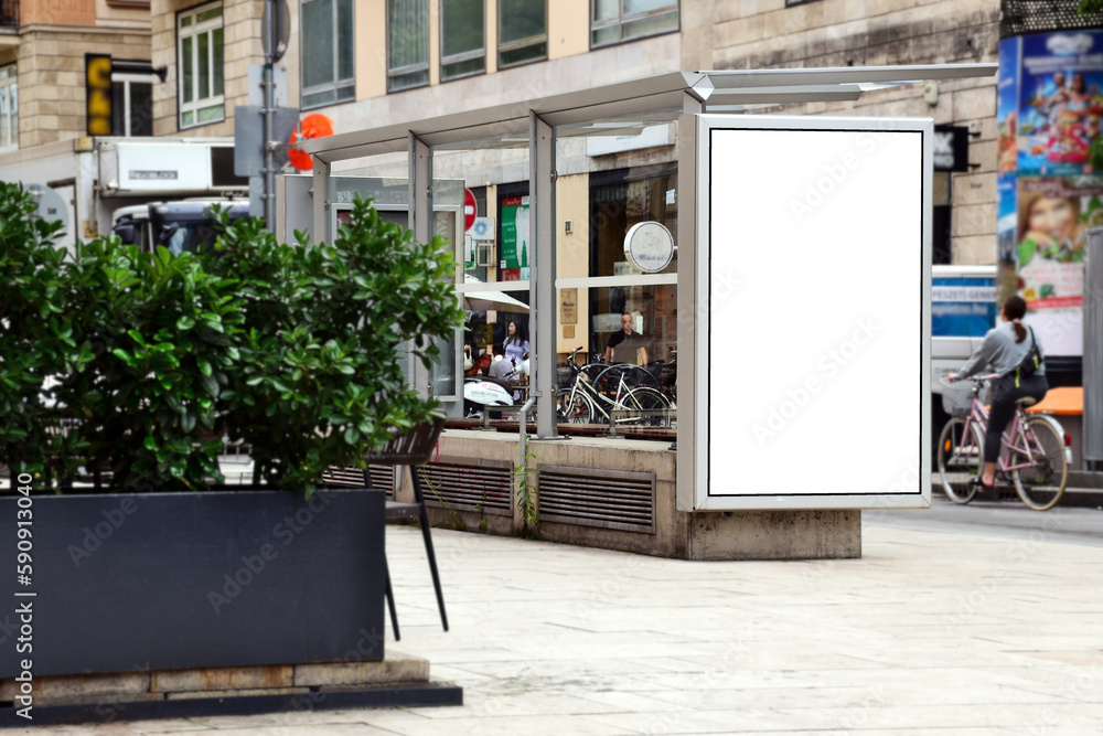 bus shelter at a busstop. blank billboard ad display. empty white ...
