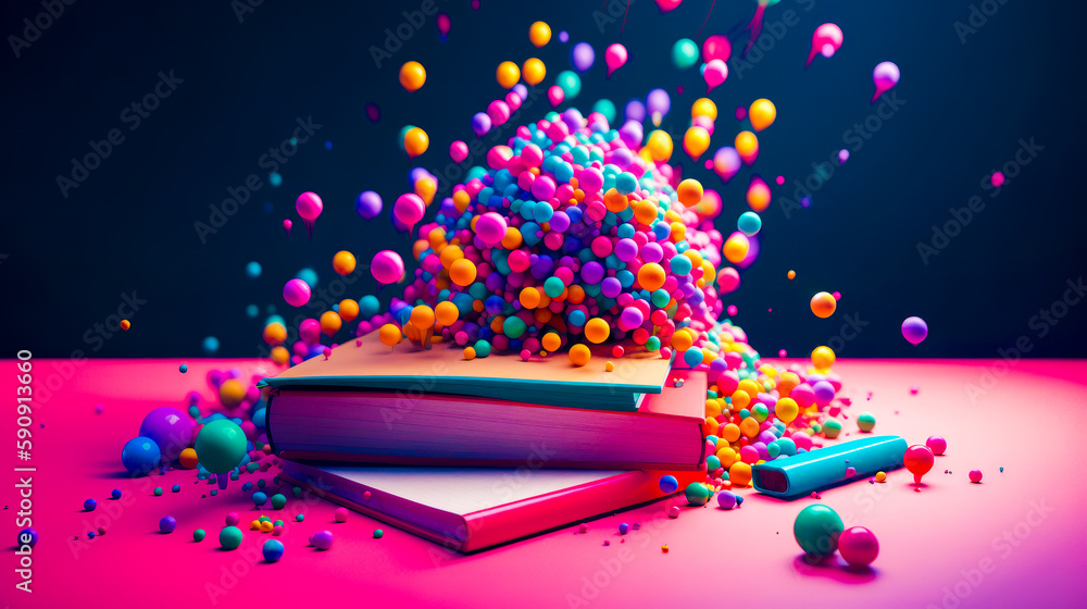 Pile of books sitting on top of table covered in confetti. Generative ...