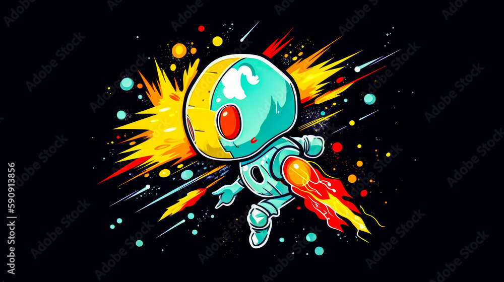 Cartoon spaceman flying through the air with rocket in his hand ...