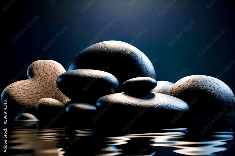 Group of rocks sitting on top of lake next to each other. Generative AI ...