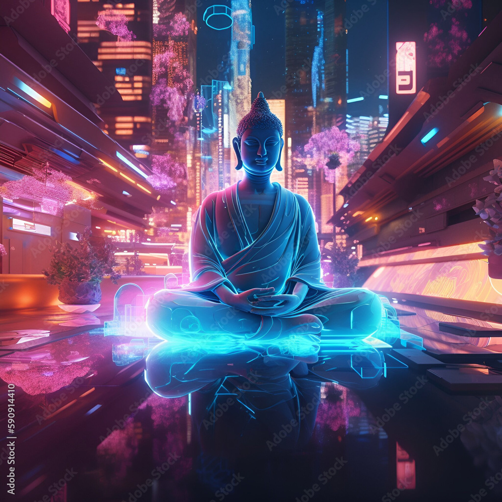 Buddha meditates in a space of neon light. Metaverse concept. AI ...