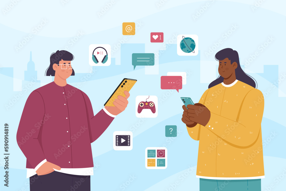 Online communication apps vector illustration. Cartoon users holding ...