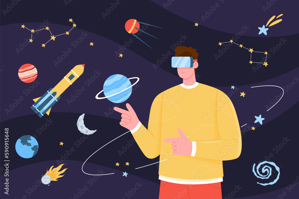 VR digital technology to study universe vector illustration. Cartoon ...