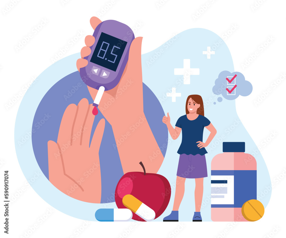 Vector illustration of a glucometer. A cartoon scene with a girl, a ...