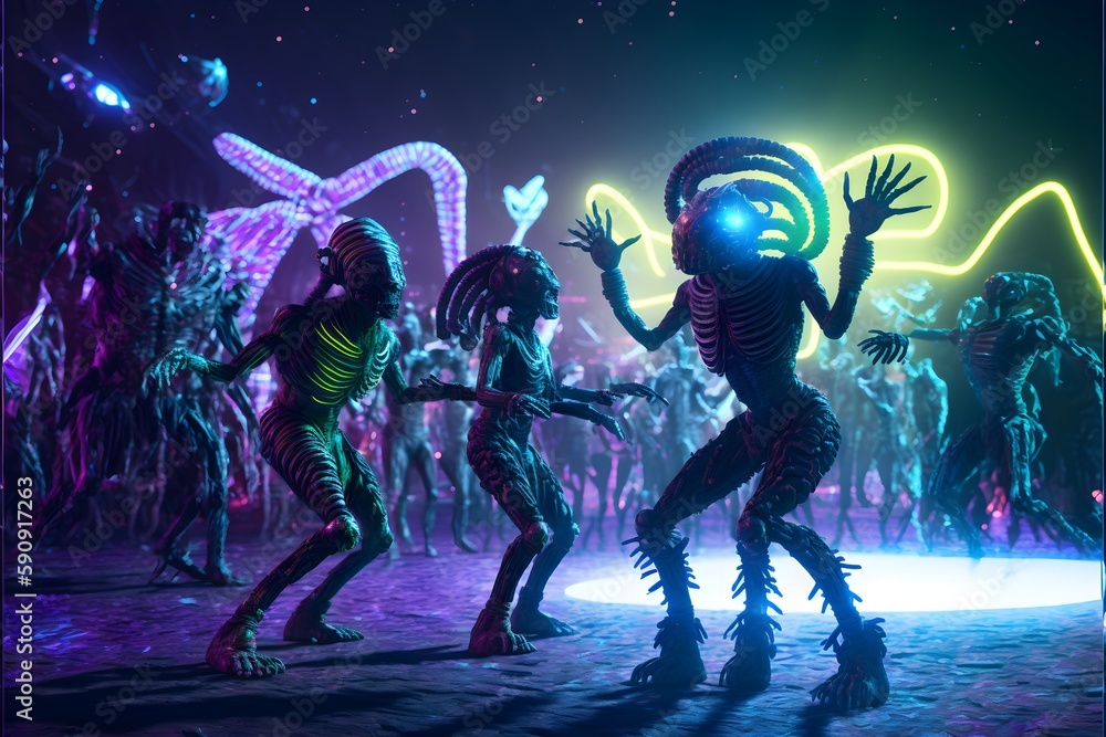 aliens dancing with annunaki at a rave psychadelics vibrant hyper ...