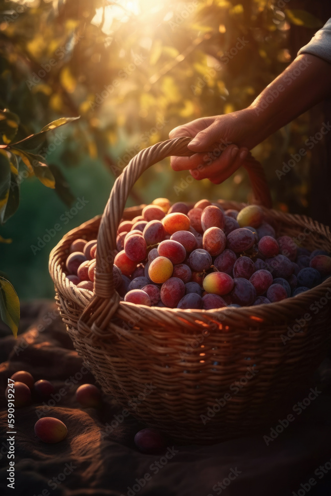 fruits of plums and cherry plums picked by hand from garden trees in ...