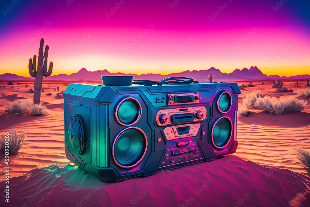 Vintage radio boombox in the desert, retrowave, synthwave. Neural ...