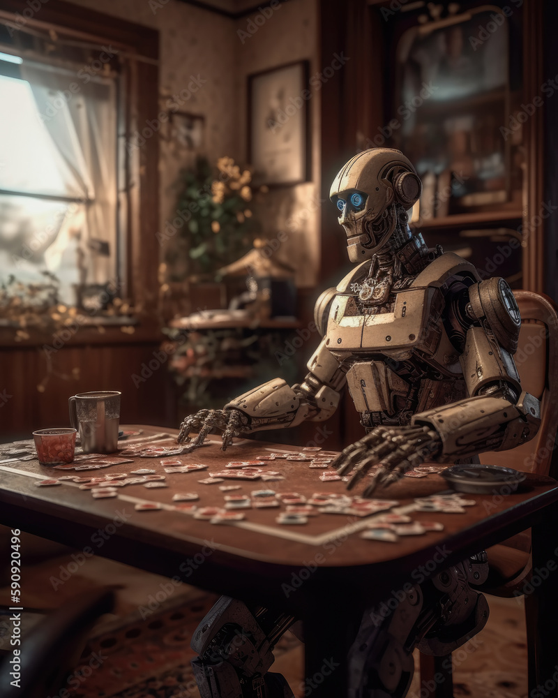 Viejo robot jubilado en una casa con decoración clasica, sentado en una ...