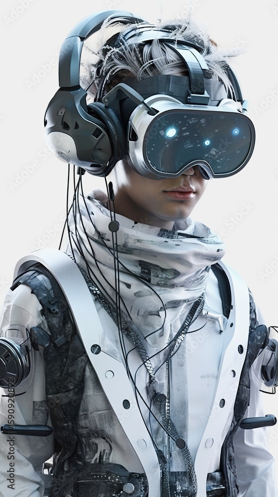 A stunning futuristic gamer wearing a virtual reality headset, adorned ...