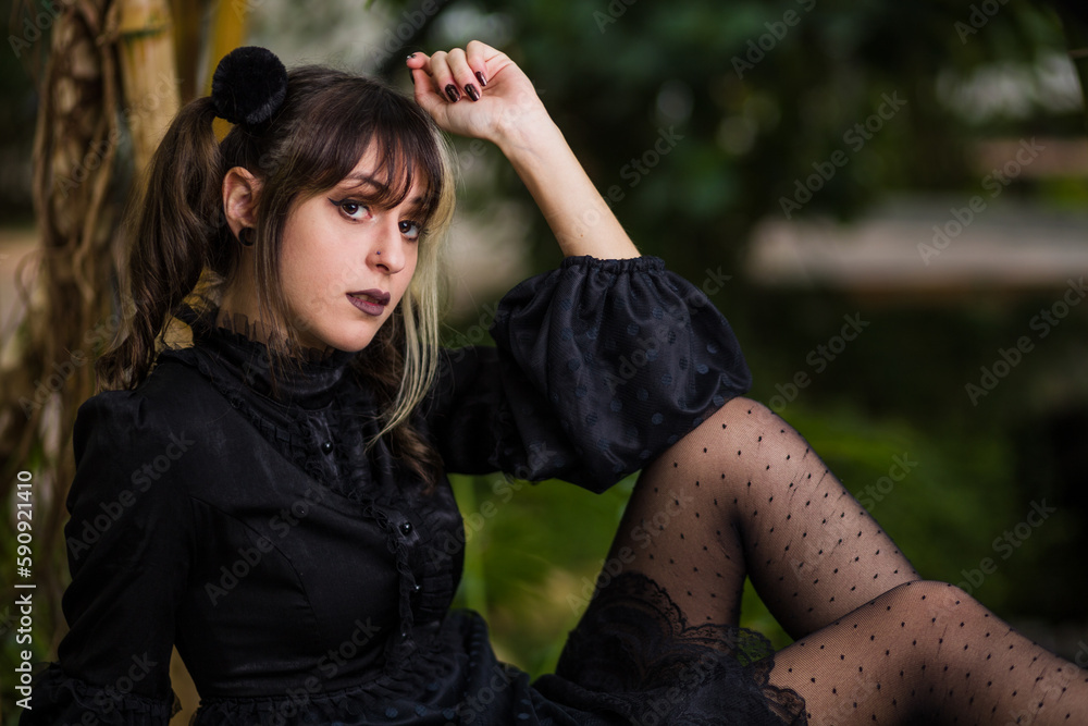 gothic lolita victorian cosplay costume. Hispanic young woman cheerful ...