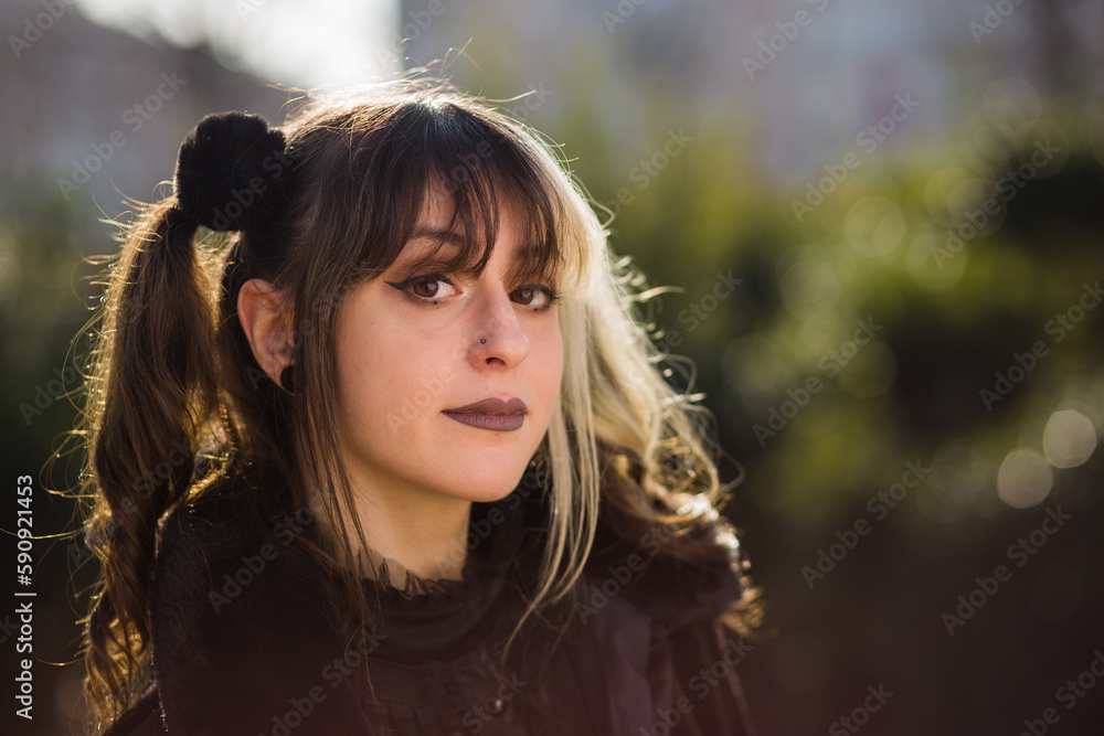 gothic lolita victorian cosplay costume. Hispanic young woman cheerful ...