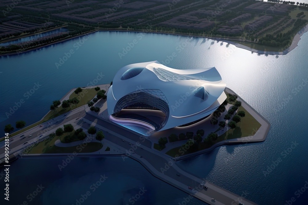 Modern futuristic concert hall or cultural center, ocean academia style ...
