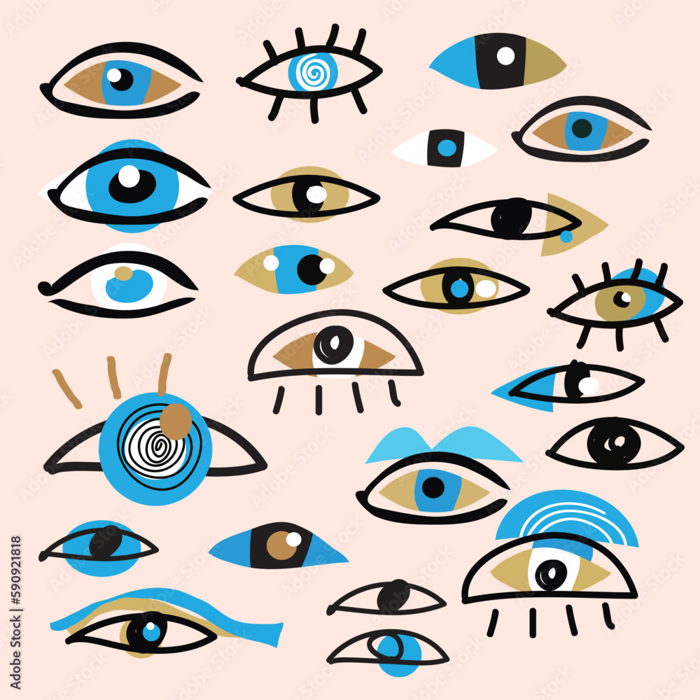 Set of various hand drawn doodle icon set eyes Collection of evil, ra ...