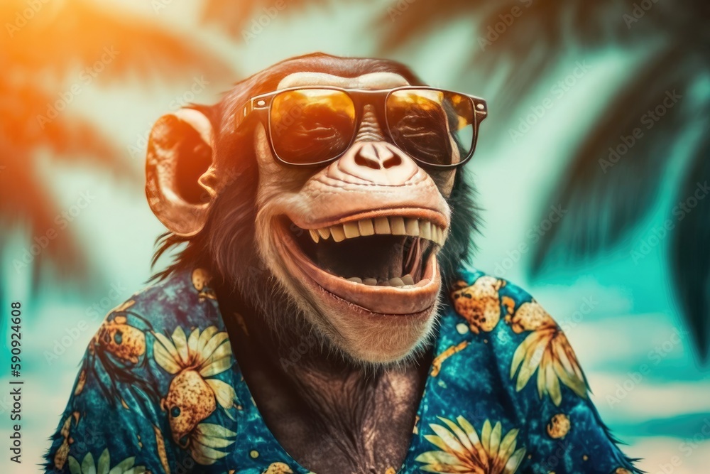 Cool-Looking Happy Chimpanzee Wearing Sunglasses and a Tropical Shirt ...