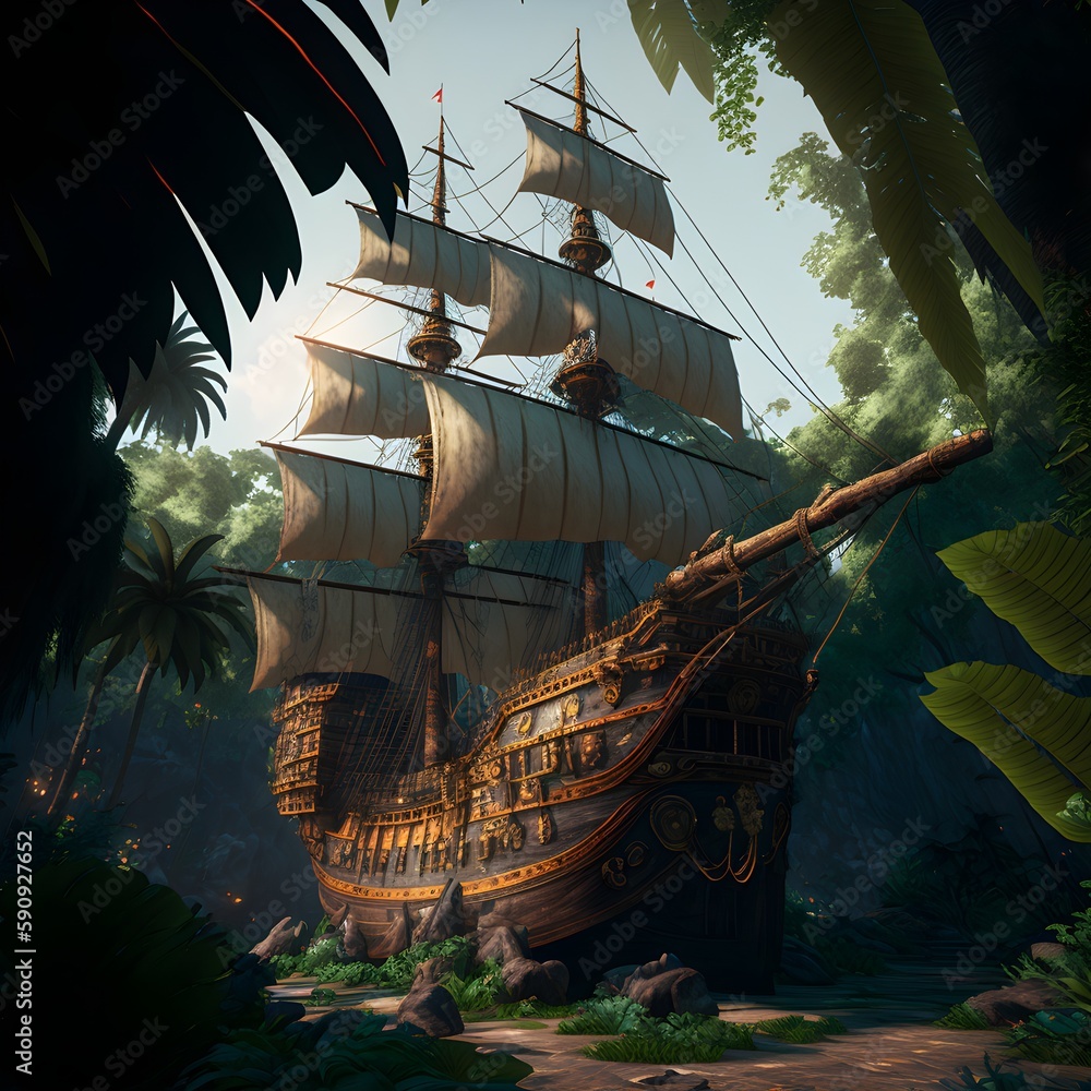 old galleon in middle of jungle overgrowth lush golden rays of sun ...