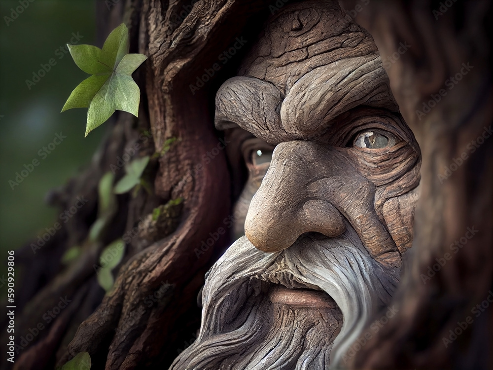 magical living huge tree with the face of an elderly person or a gnome ...