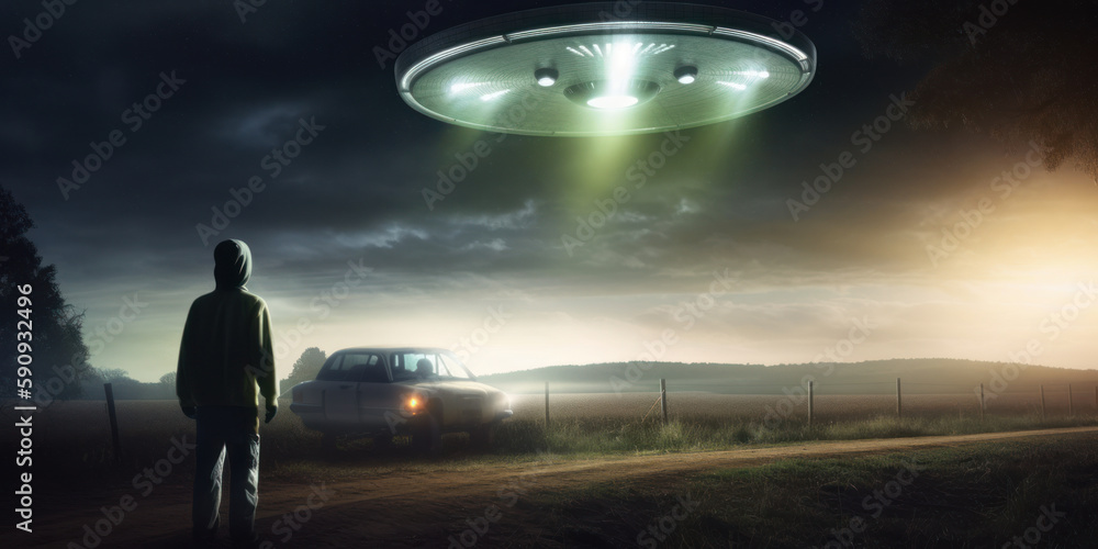 Platillo volante contactando con una persona, abducción extraterrestre ...