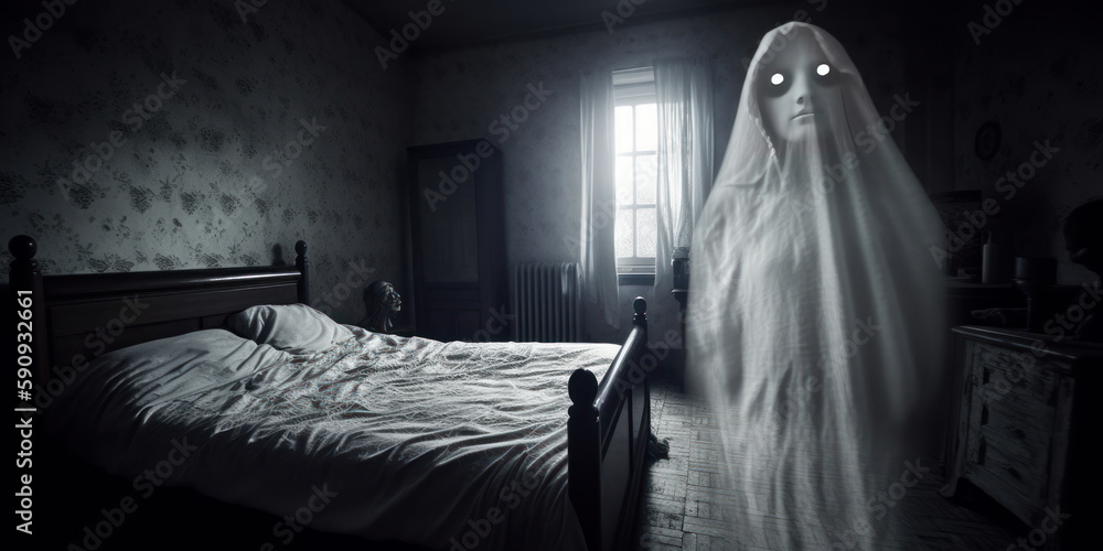 Aparición terrorífica de un fantasma entre las sombras, casa abandonada ...