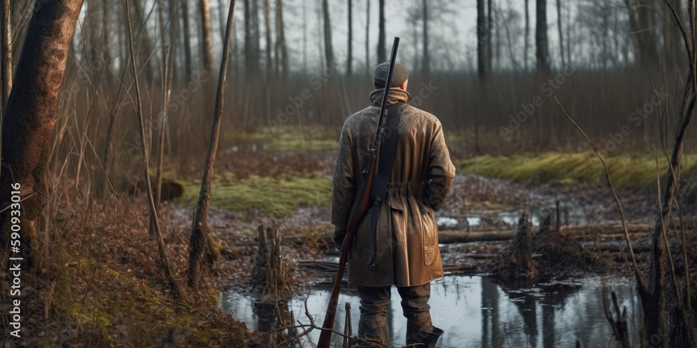 hunter standing in swamp in forest and holding in his hand an old ...