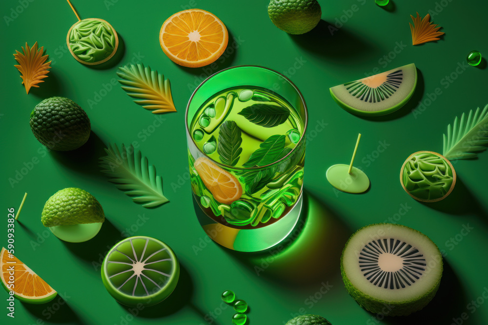 Cóctel tropical de melocotón y menta, bebida color verde con fondo de ...