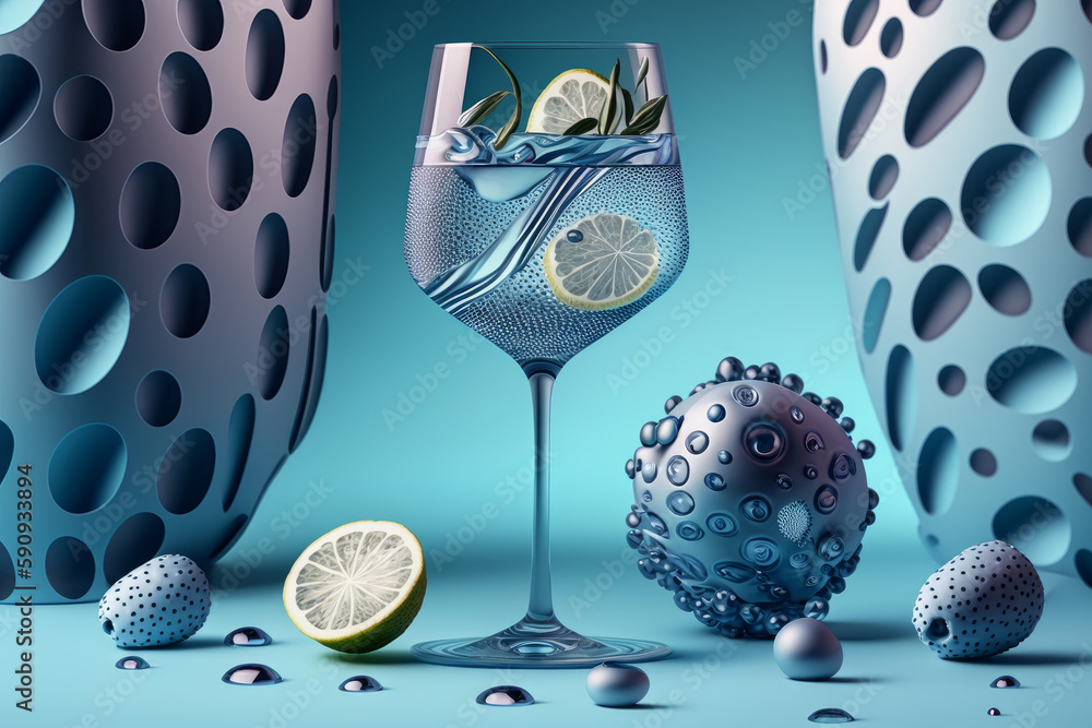 Copa de ginebra con tónica, Gin tonic en fondo azul con elementos ...