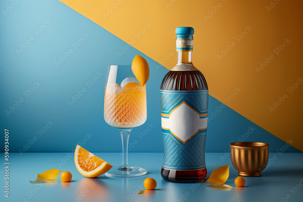 Mockup botella marca de lujo alcohol, ron premium en ambiente tropical ...