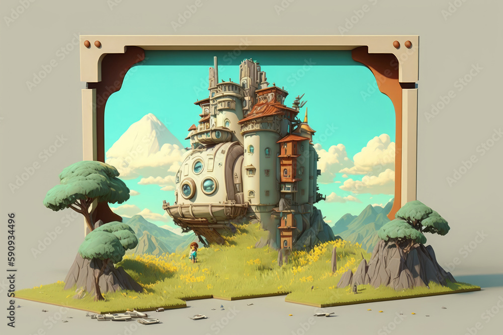 Marco 3d castillo mágico anime, puerta abierta a otro mundo, concept ...