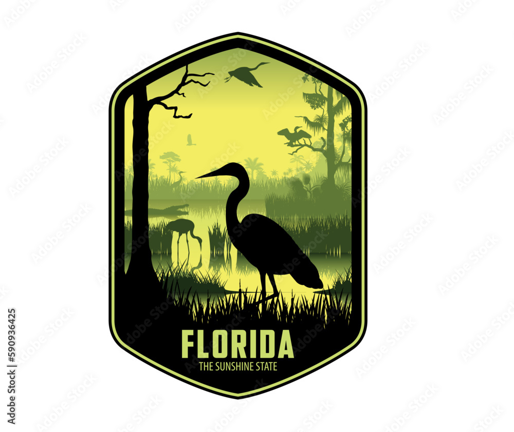 Florida vector label with Herons in swamp wetland Stock Vector | Adobe ...