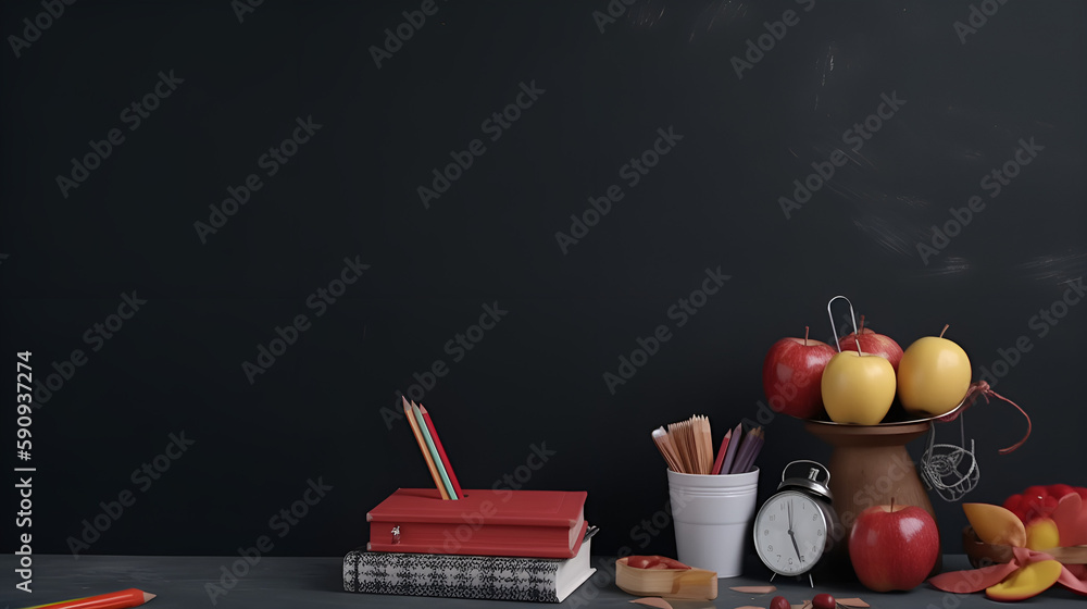 Teacher's desk with writing materials, a book and an apple, a blank for ...