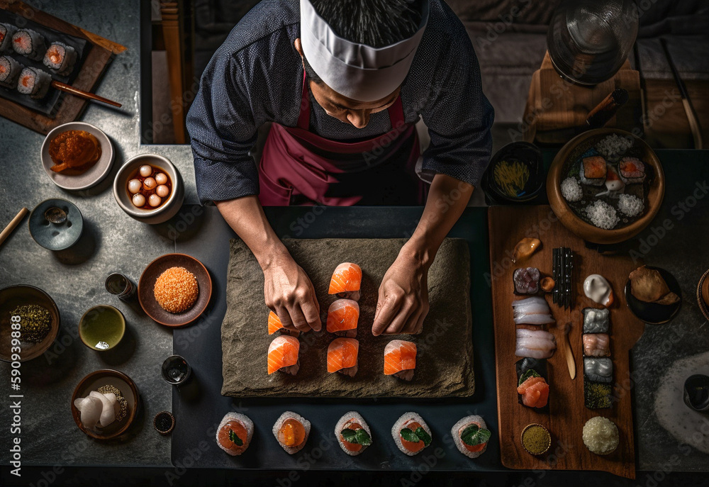 Overhead of A Sushi Chef Preparing A Variety of Sushi - Generative AI ...