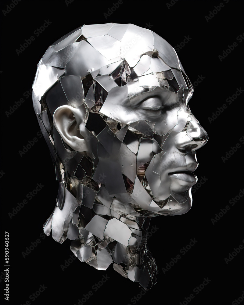 Illustration of a silver android man with his face in Defragmentation ...