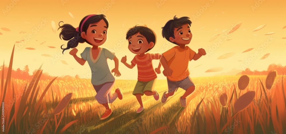 Children run around in the field with the sun behind them, cartoon ...