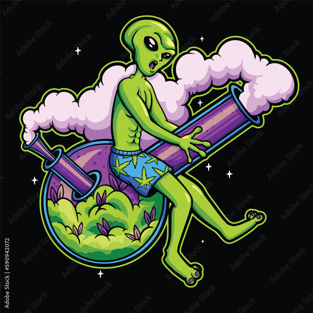 Alien Riding Bongs Marijuana smoke Cartoon Stock Vector | Adobe Stock