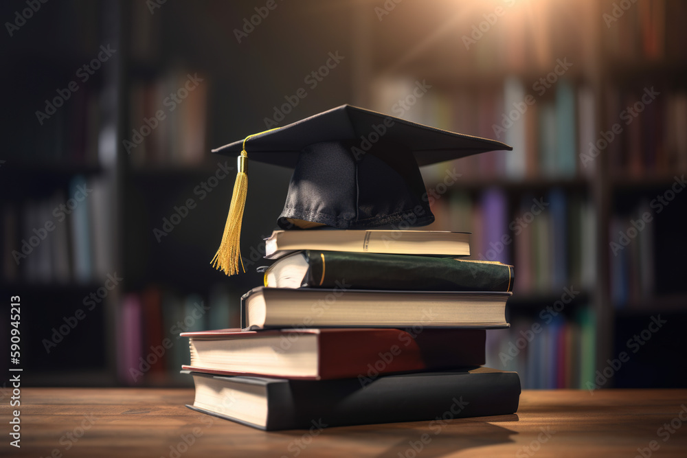 Photo & Art Print Graduation cap and gown at the top of tall textbooks ...